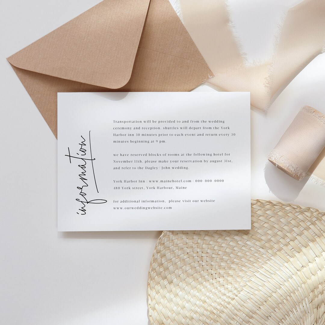 Editable Wedding Information Card, Wedding Details Card, Minimal ...