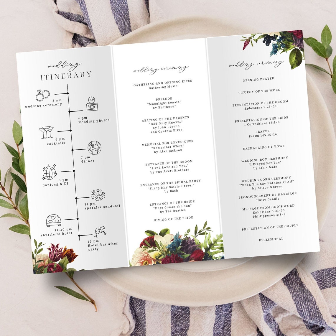 Burgundy Floral Wedding Trifold Program, Moody Autumn Wedding Timeline ...