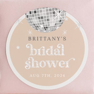 Disco Ball Diva Favor Stickers, Silver Glitter Festival Circle Sticker Printable, Editable Arch ...