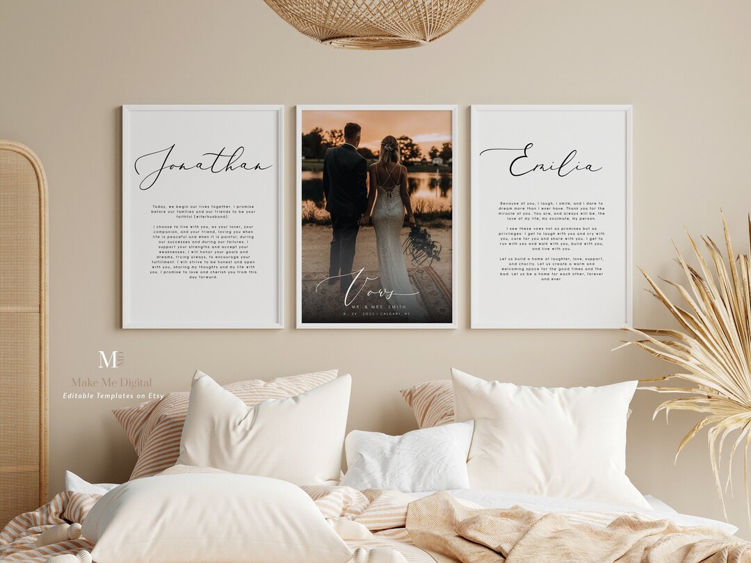 Elegant Calligraphy His & Hers Wedding Vows Set of 3 Sign, First ...