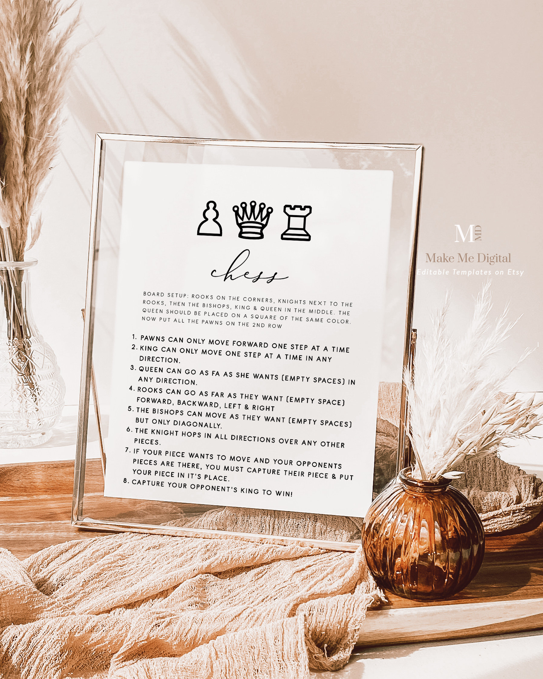 Elegant Calligraphy Chess Game Sign, Modern Chess Table Game Rules Sign ...