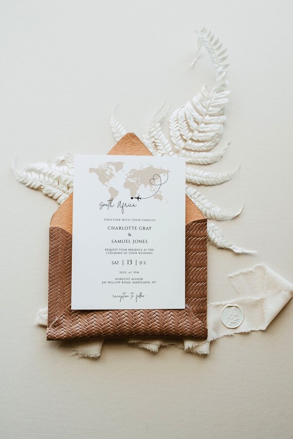 World Map Destination Wedding Invitation Rustic Wedding - Etsy