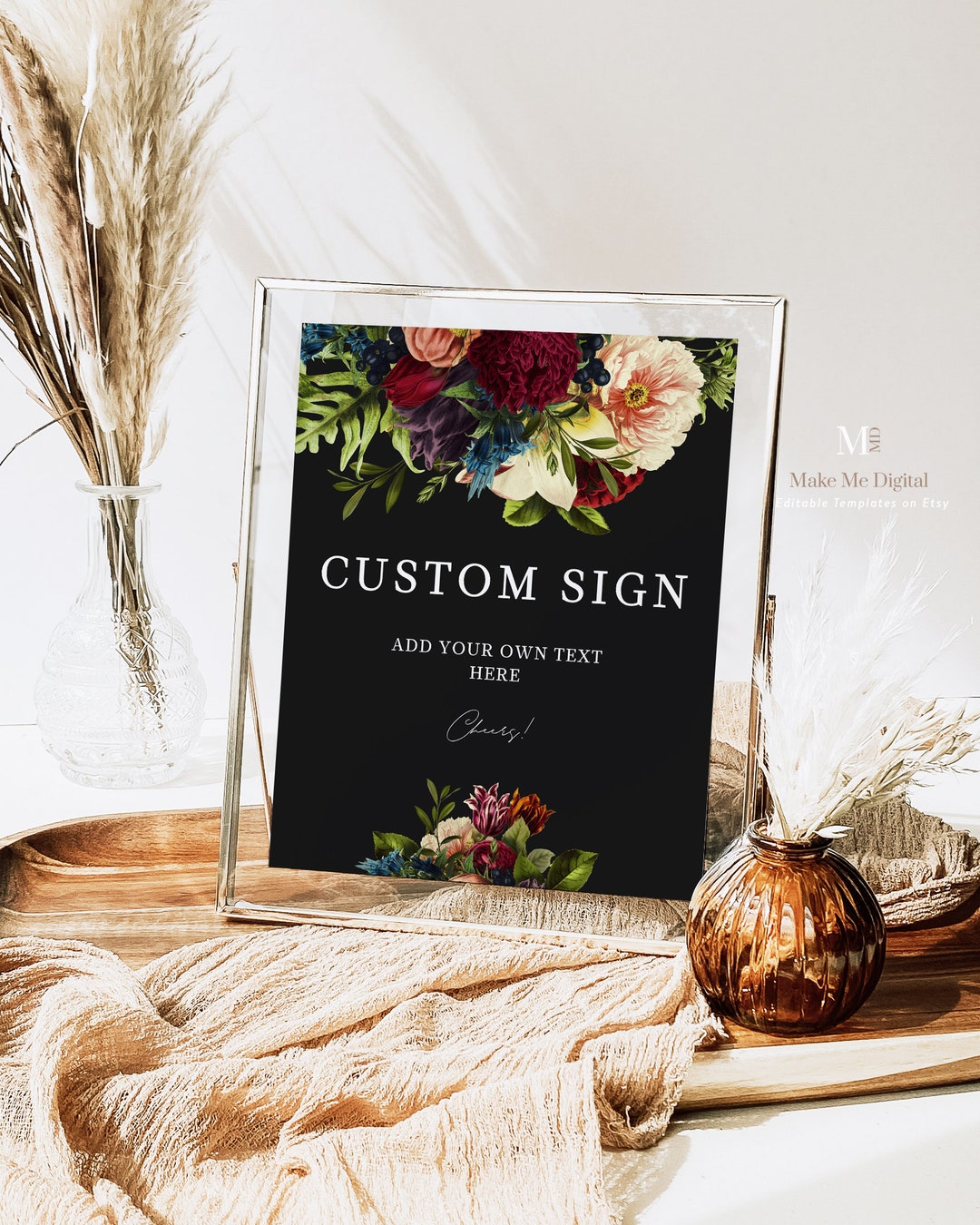 Dark Moody Floral Custom Wedding Sign, Burgundy Floral Editable Wedding ...