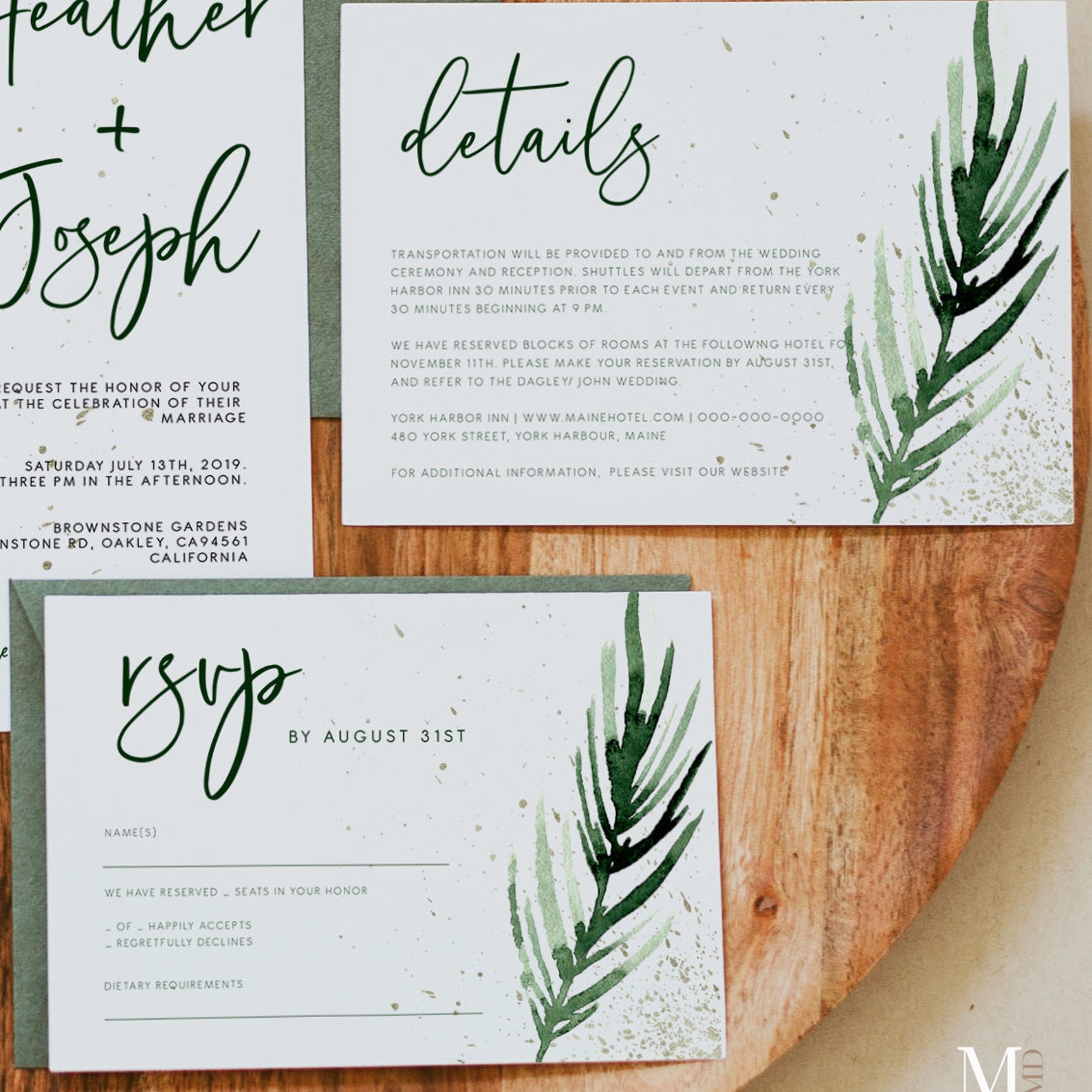 Christmas Pine Wedding Invitation SUITE, Festive Green & Gold Wedding ...