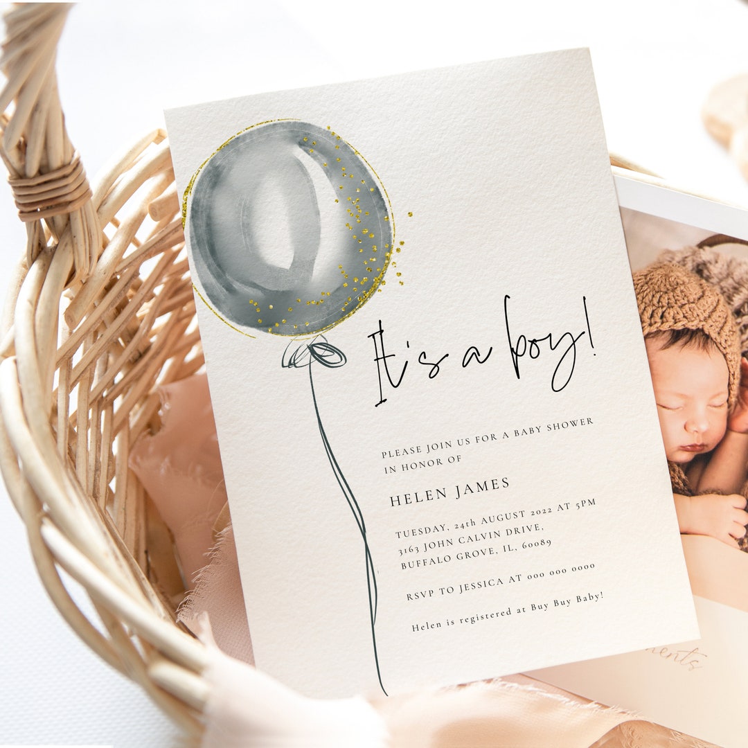 Blue Balloon Baby Shower Invitation, Delicate Boy Baby Shower ...