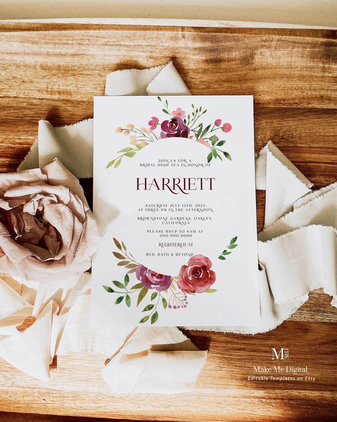 Cottagecore Bridal Shower Invitation, Merlot and Blush Florals, Rustic ...