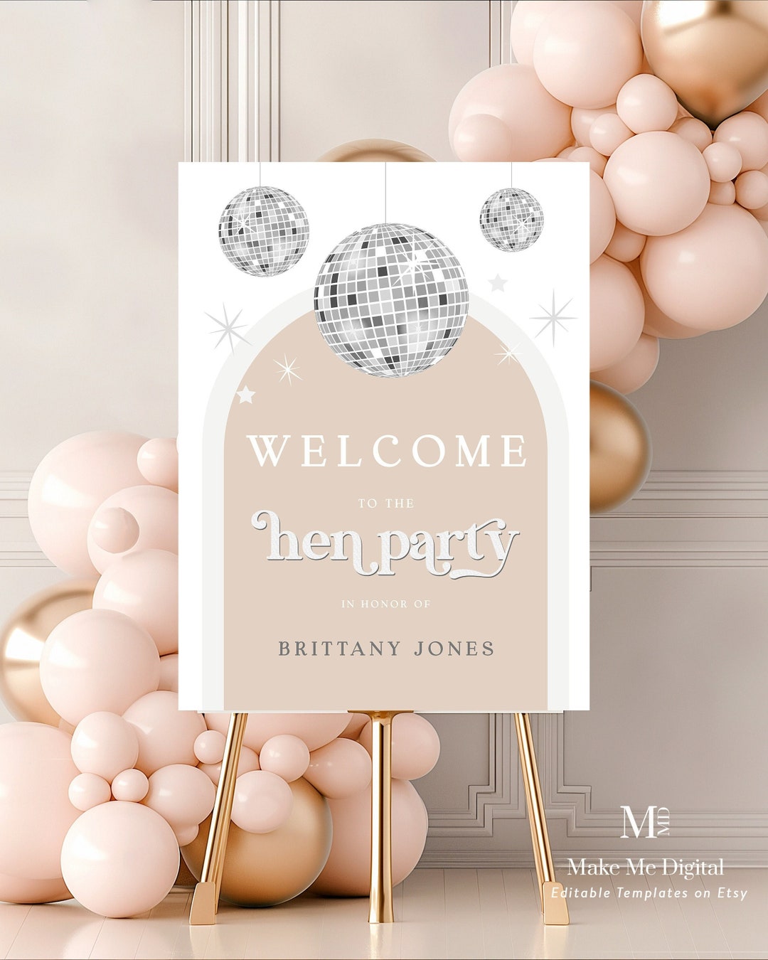 Disco Ball Diva Hen Party Welcome Sign, Silver Glitter Festival Hen Do Easel Sign Printable ...