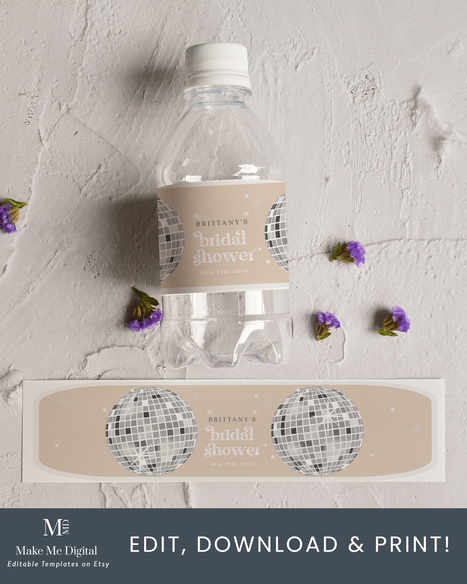 Disco Ball Water Bottle Label Bridal Shower, Silver Glitter Festival ...