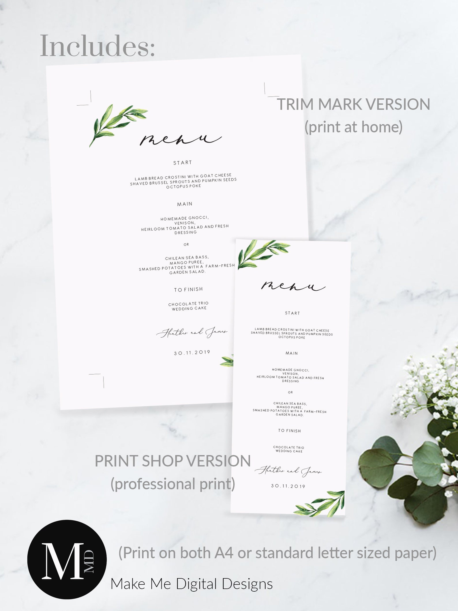 Greenery Wedding Menu Menu Template Green Leaf Printable | Etsy