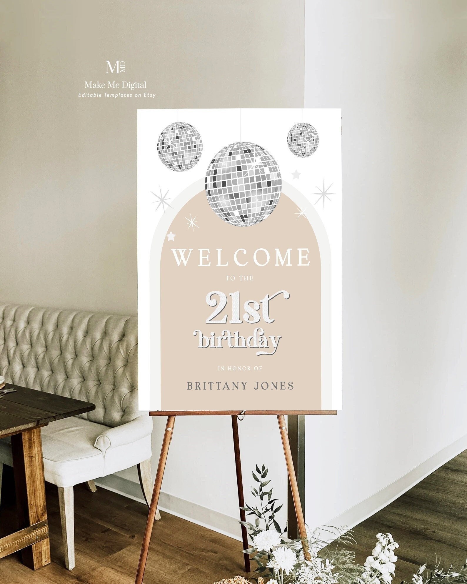 Disco Ball Diva 21st Birthday Welcome Sign, Silver Glitter Festival ...