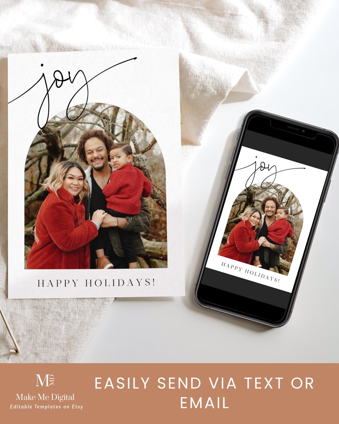 Modern Minimalist Joy Family Photo Christmas Card Template | Script ...