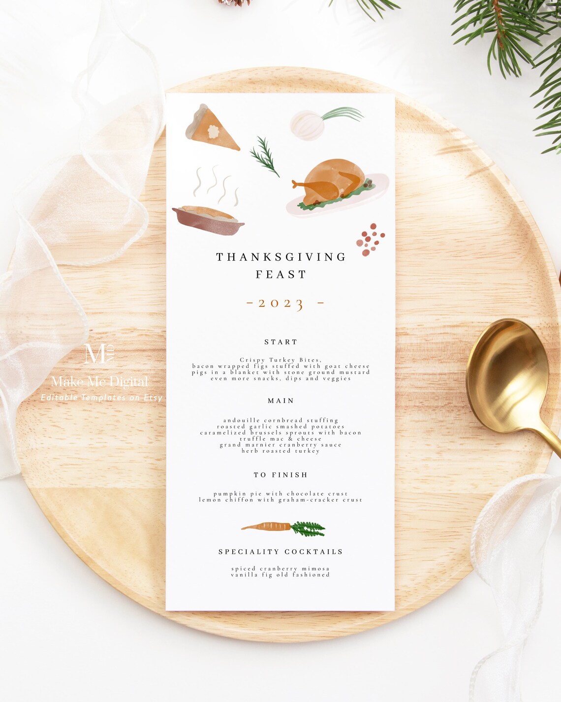 Thanksgiving Menu 2024, Printable Menu Card for Friendsgiving, Minimal ...
