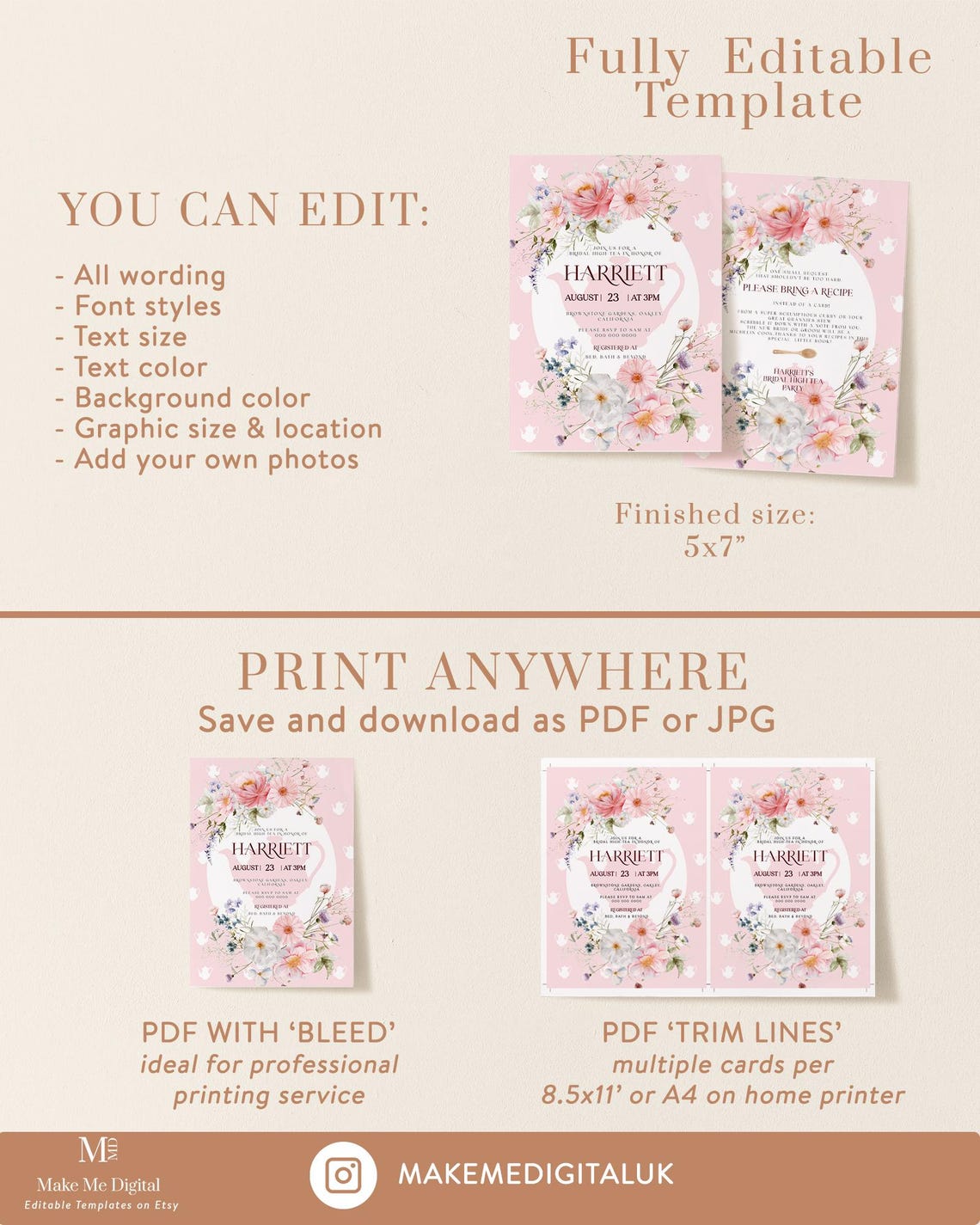 Cottagecore Bridal High Tea Party Invitation, Lady Pastel Florals ...