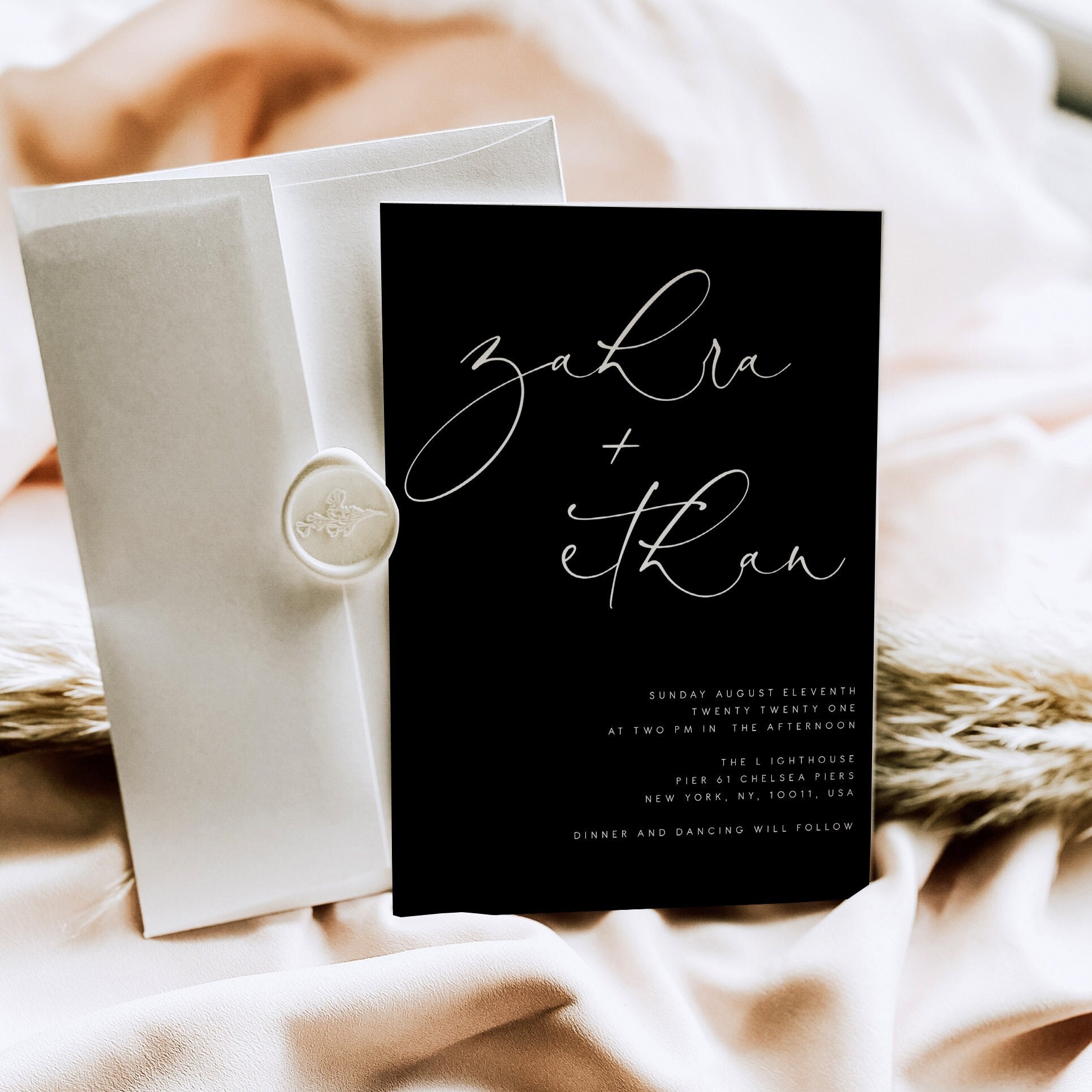 Modern Black Wedding Invite, Contemporary Dark Wedding Invitation ...