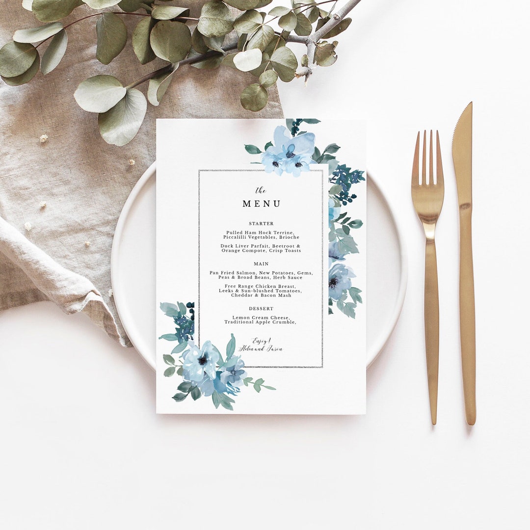 Blue Floral Menu Rustic Wedding Dinner Menu, Editable Blue Wedding Menu ...