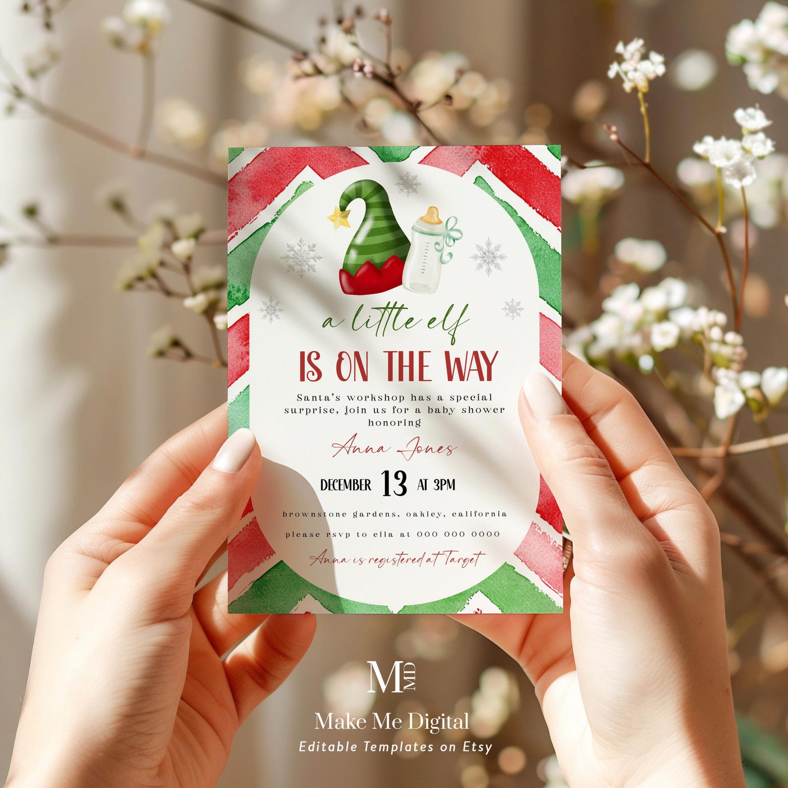 A Little Elf is Almost Due Baby Shower Invitation Template - Red and ...