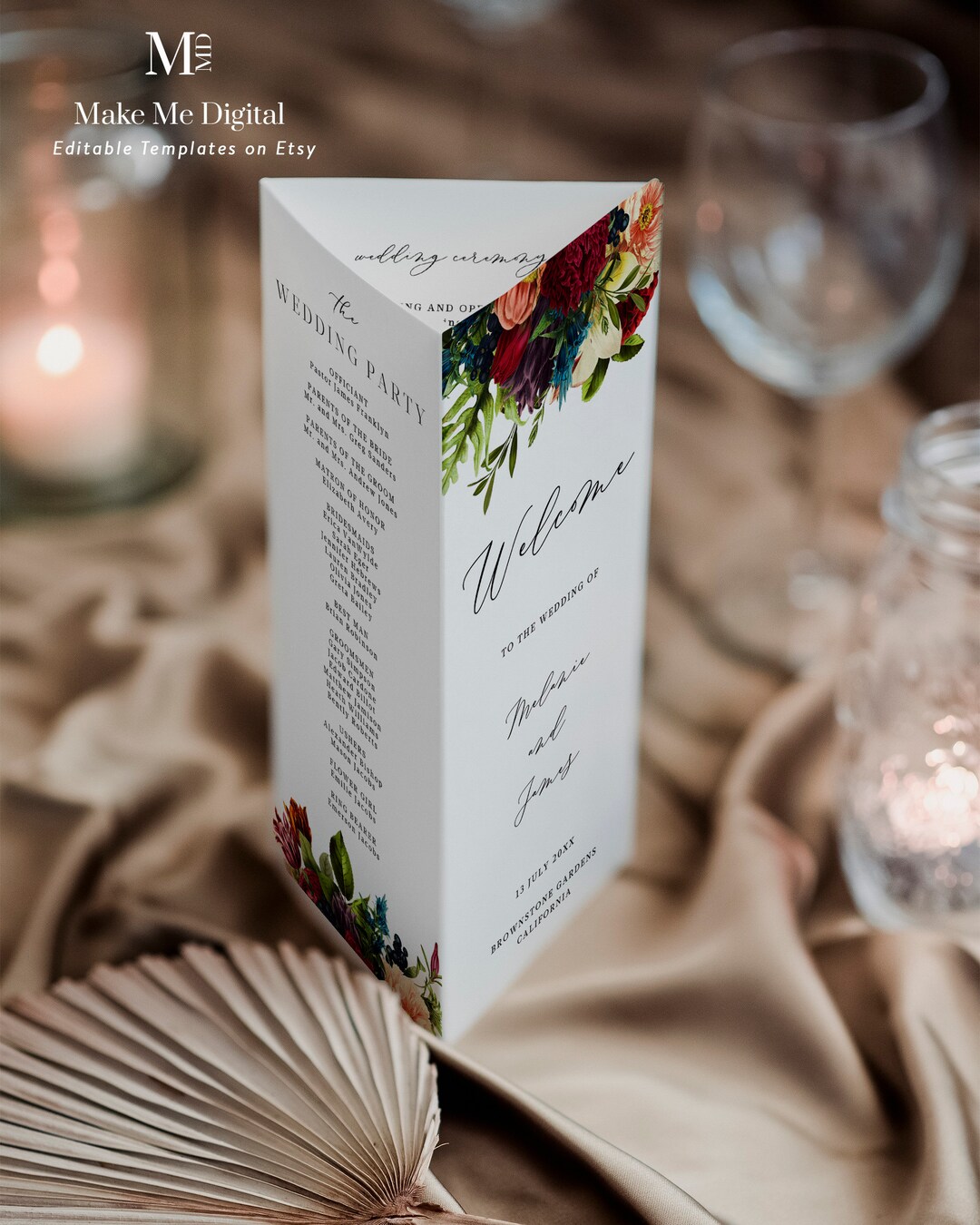Burgundy Floral Wedding Trifold Program, Moody Autumn Wedding Timeline ...