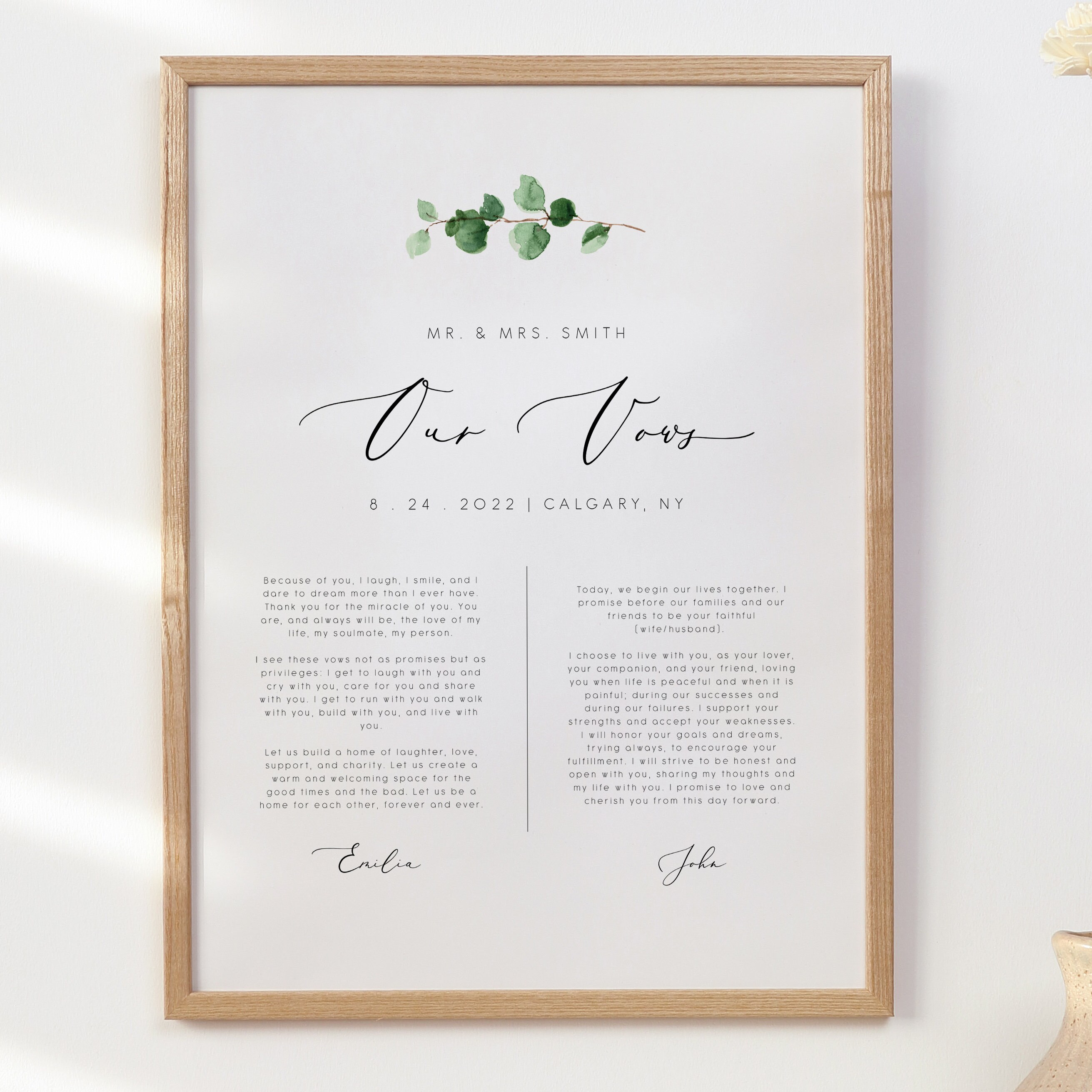 Green Eucalyptus Wedding Vows Sign Template First Wedding Anniversary ...
