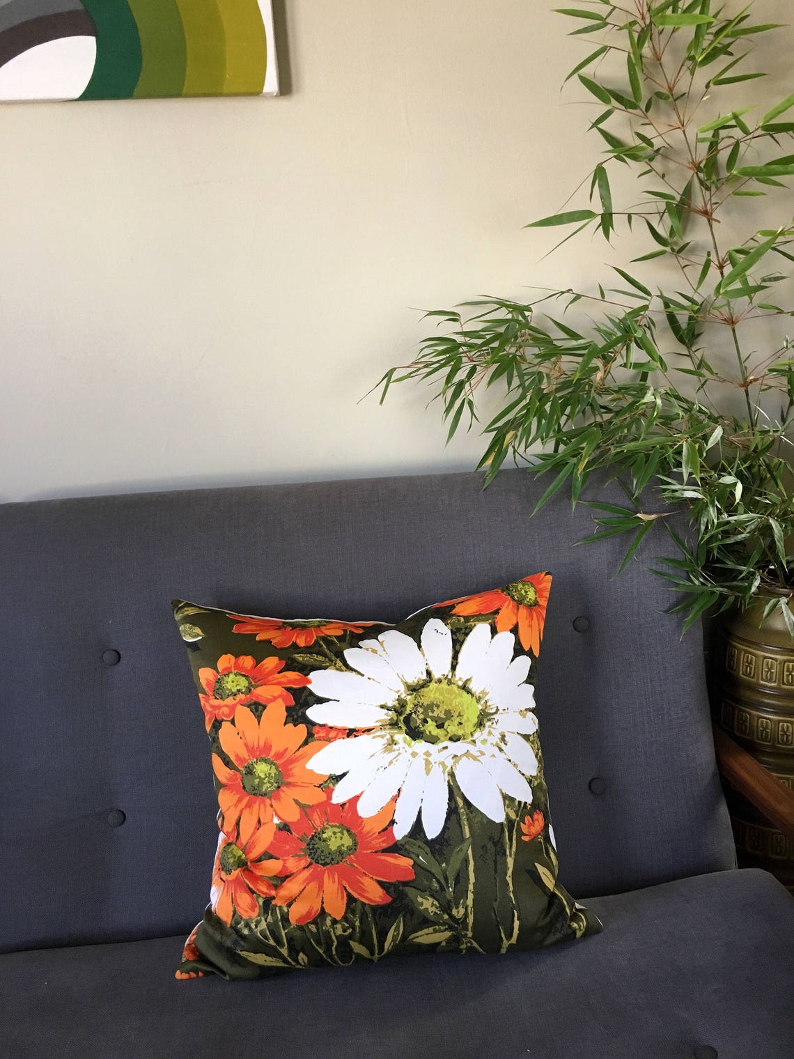 Vintage Daisy Cushion Cover, Orange Green White, Retro Mid Century Mid ...