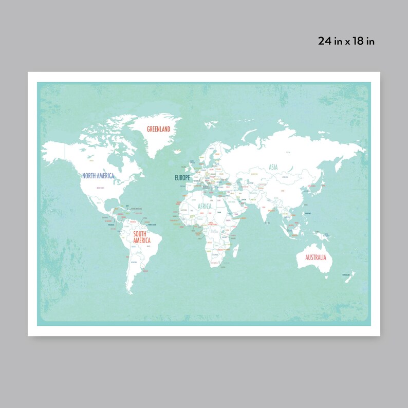 Printable World Map, Digital Download Map, Travel Map, Aqua, World Map ...