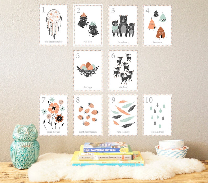 Woodland Counting Cards Set of 10 5x7 Number Wall Cards, Kid's Room ...