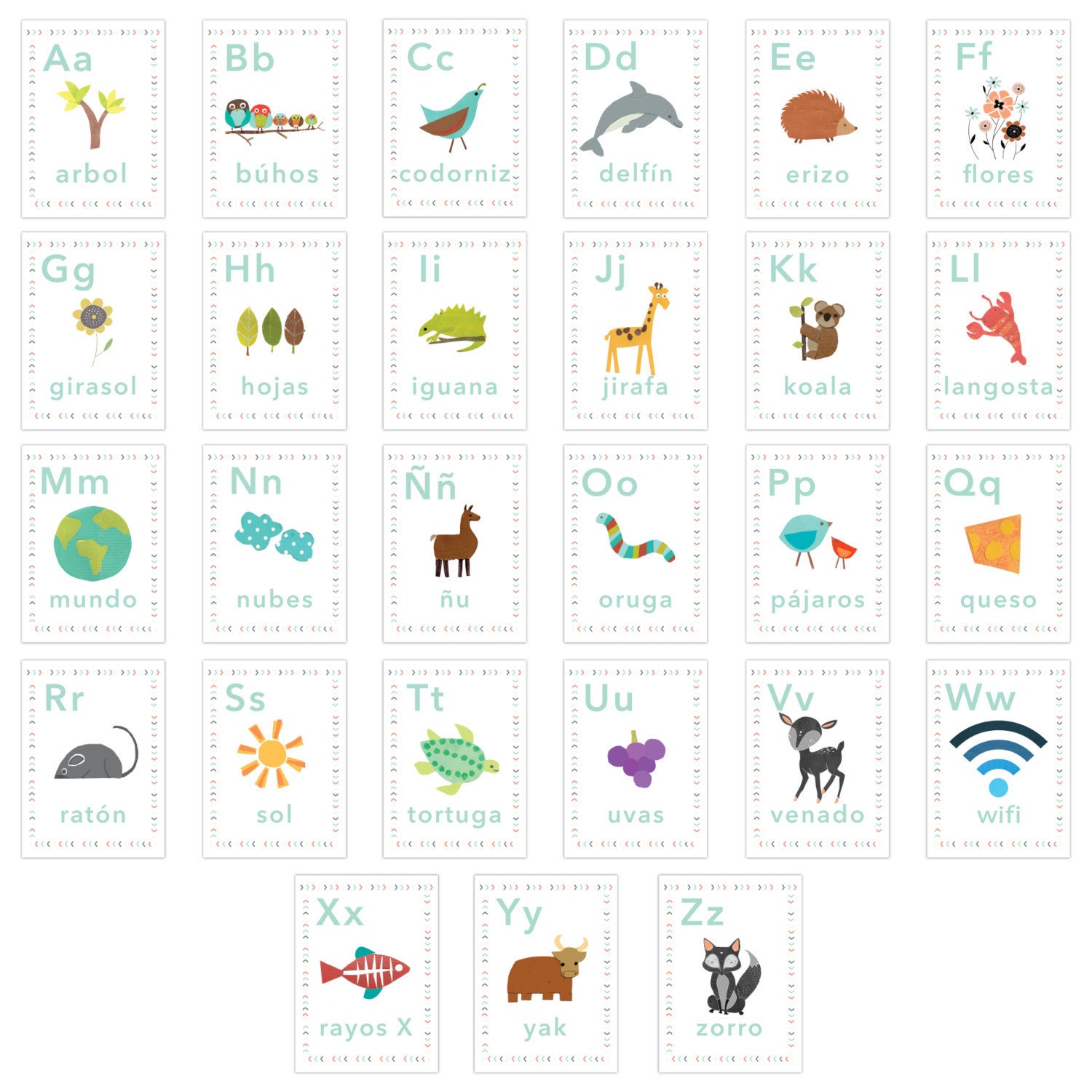 Spanish Alphabet Our World Children's Wall Cards, 5x7, Nursery Wall Art ...