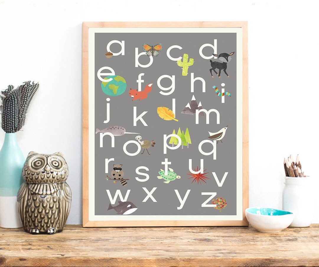 Nature Alphabet Print, 18x24, Nursery Wall Art, Grey, Animal, Kid's Art ...