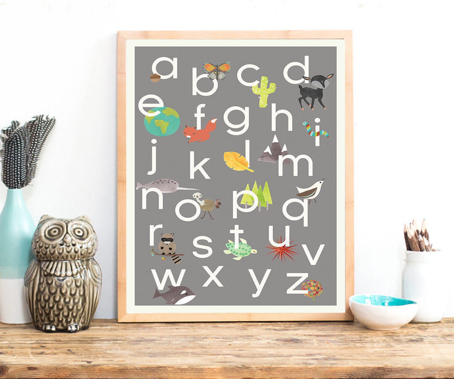 Nature Alphabet Print, 18x24, Nursery Wall Art, Grey, Animal, Kid's Art ...