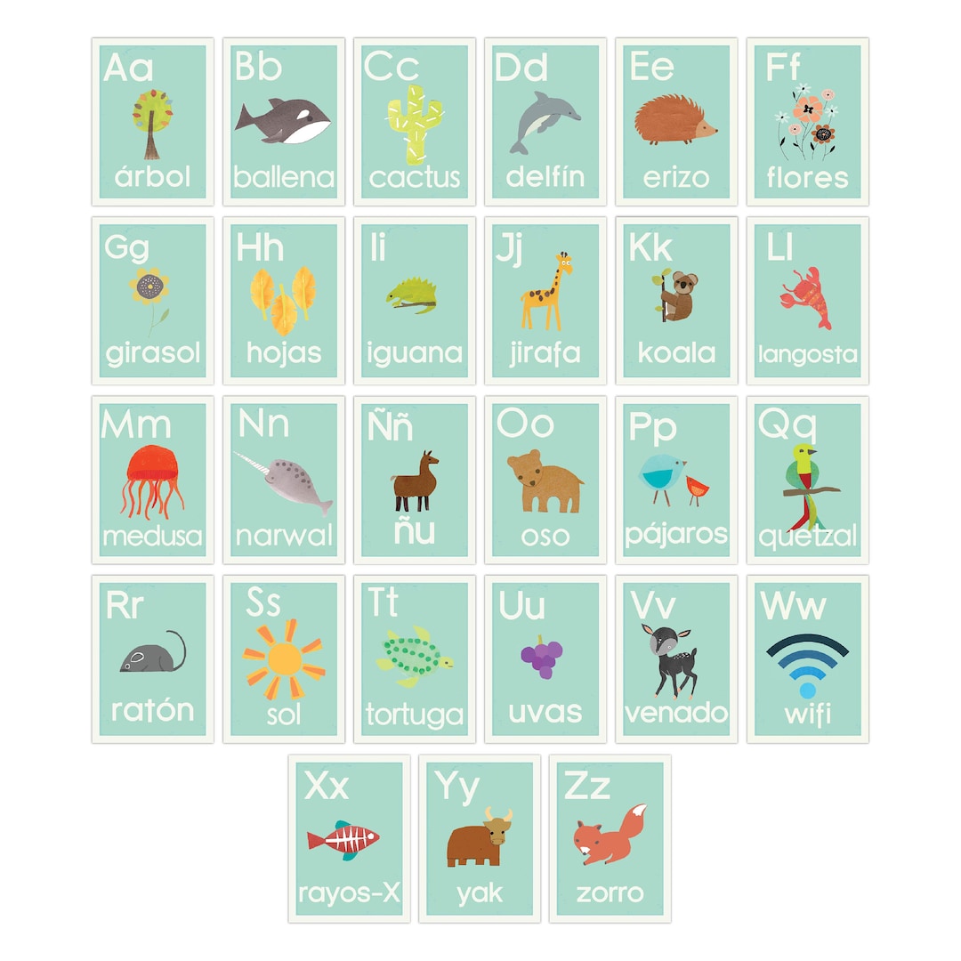 Spanish Alphabet Flash Cards, Abc Spanish Prints, Spanish Nursery Decor ...
