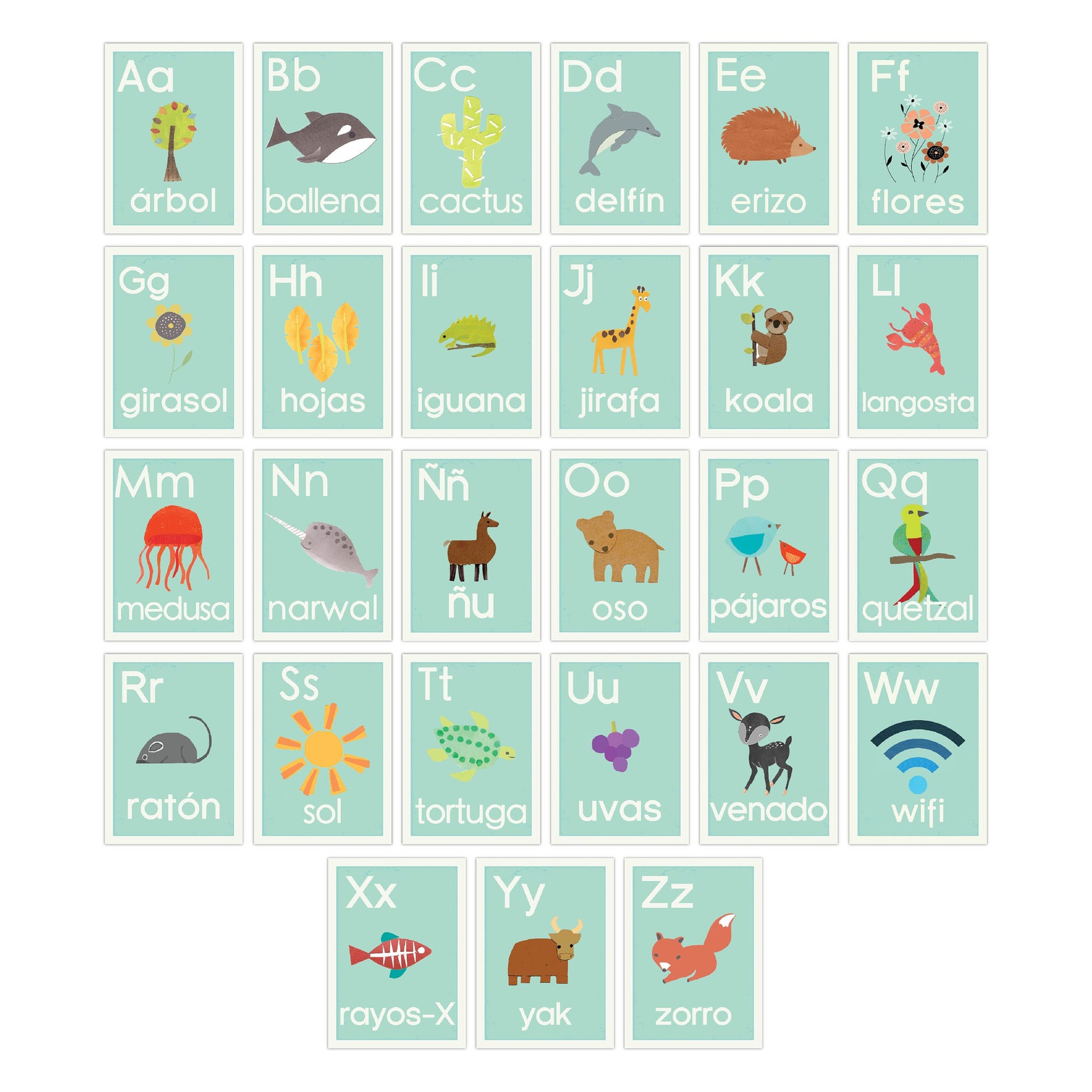 Spanish Alphabet Flash Cards, Abc Spanish Prints, Spanish Nursery Decor ...