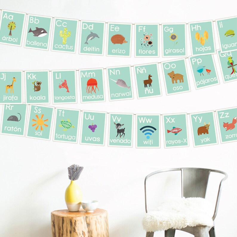 Spanish Alphabet Flash Cards, Abc Spanish Prints, Spanish Nursery Decor ...