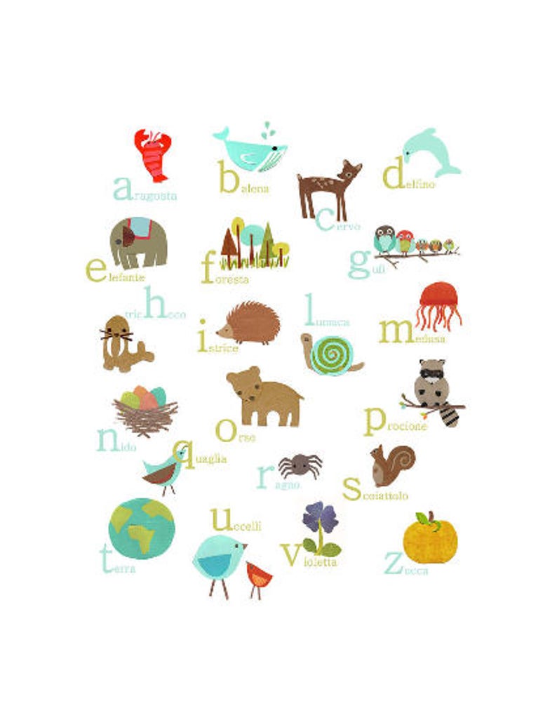 Italian Alphabet Print 11x14 Nursery Wall Art, Animal Themed, Kid's Art ...