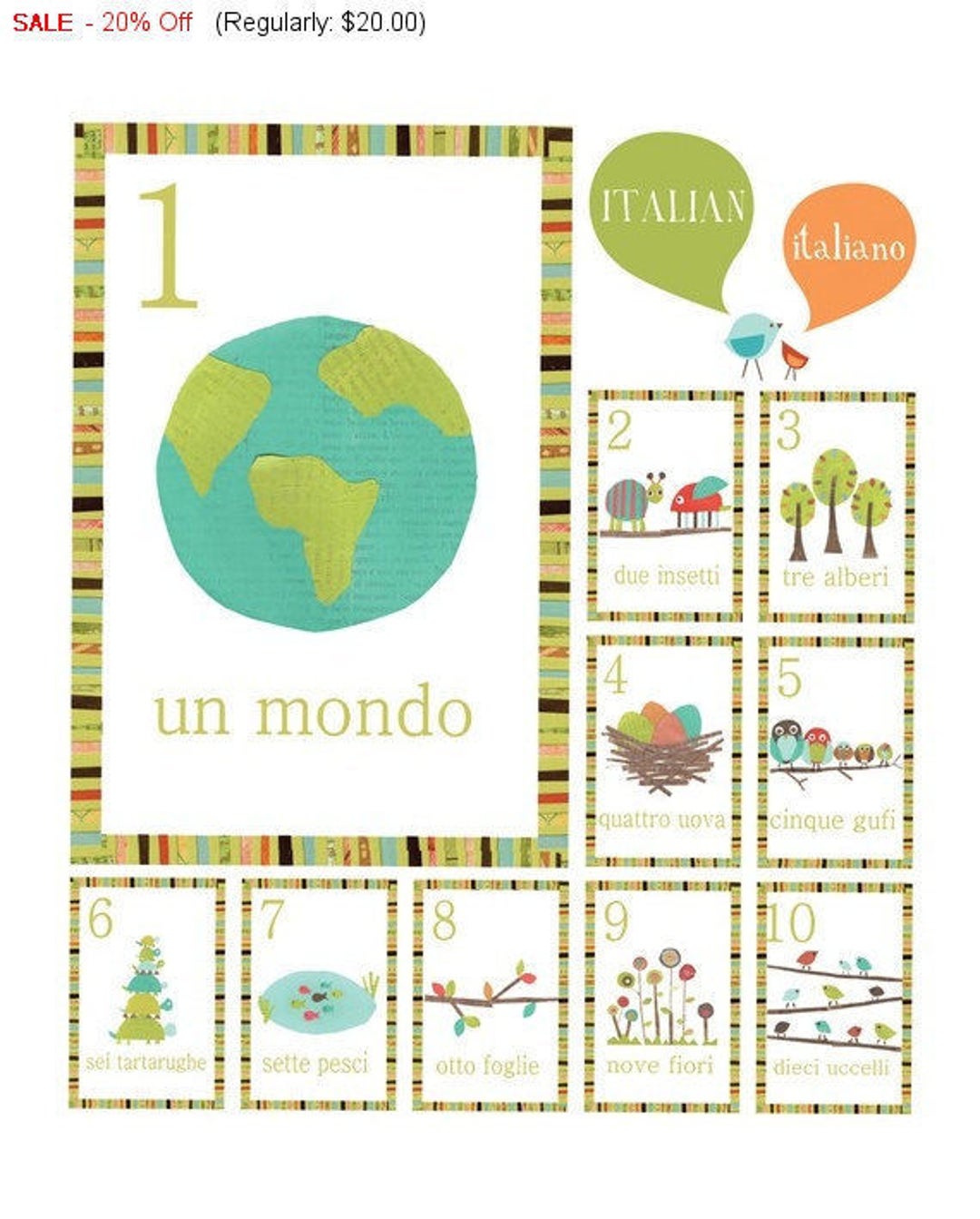 Italian Number Children's Wall Cards, Kid's Counting Art, 5x7, Nursery ...