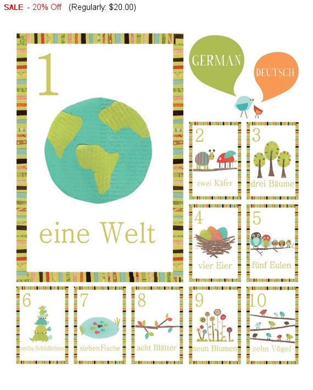 German Number Counting Cards, 5x7, Nursery Wall Art, Woodland Nursery ...