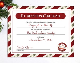 Elf Adoption Certificate Christmas Printable Kids Christmas - Etsy