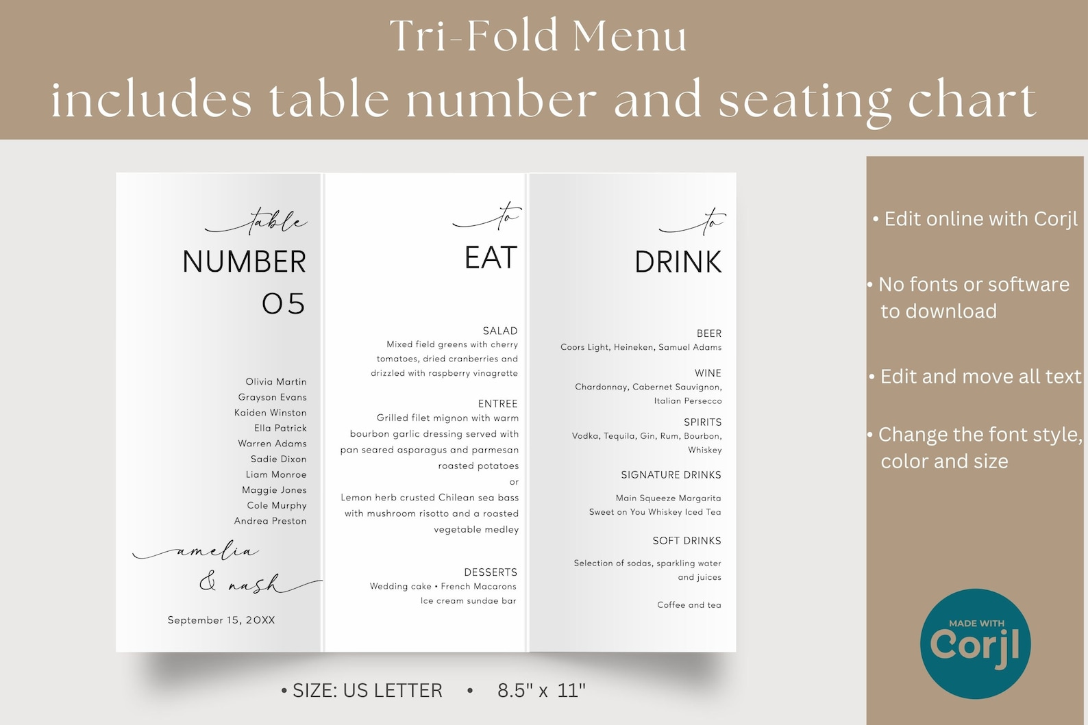 Minimalist Wedding Tri-fold Template, Modern Tri-fold Table Menu, Tri ...
