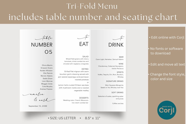 Minimalist Wedding Tri-fold Template, Modern Tri-fold Table Menu, Tri ...