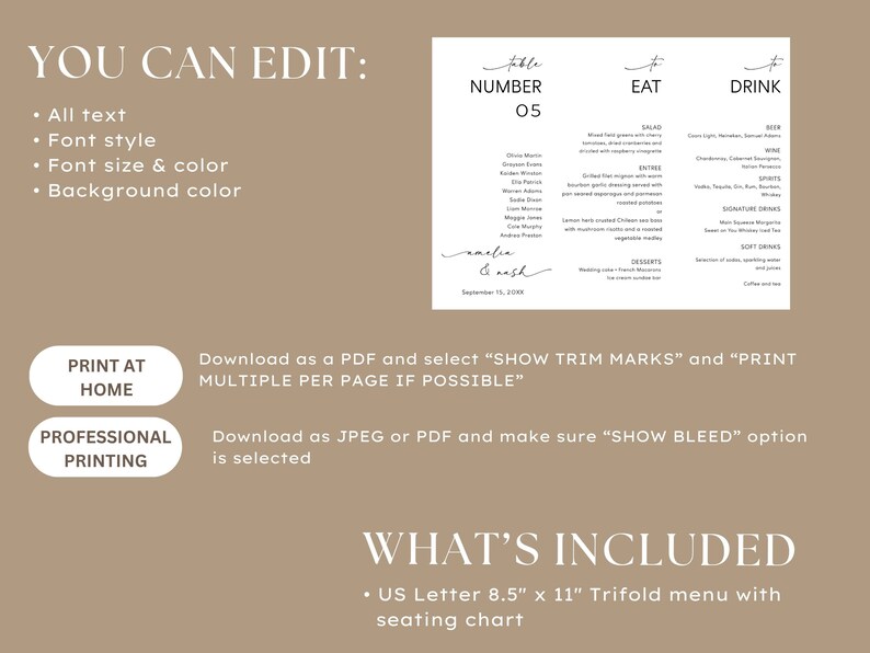 Minimalist Wedding Tri-fold Template, Modern Tri-fold Table Menu, Tri ...