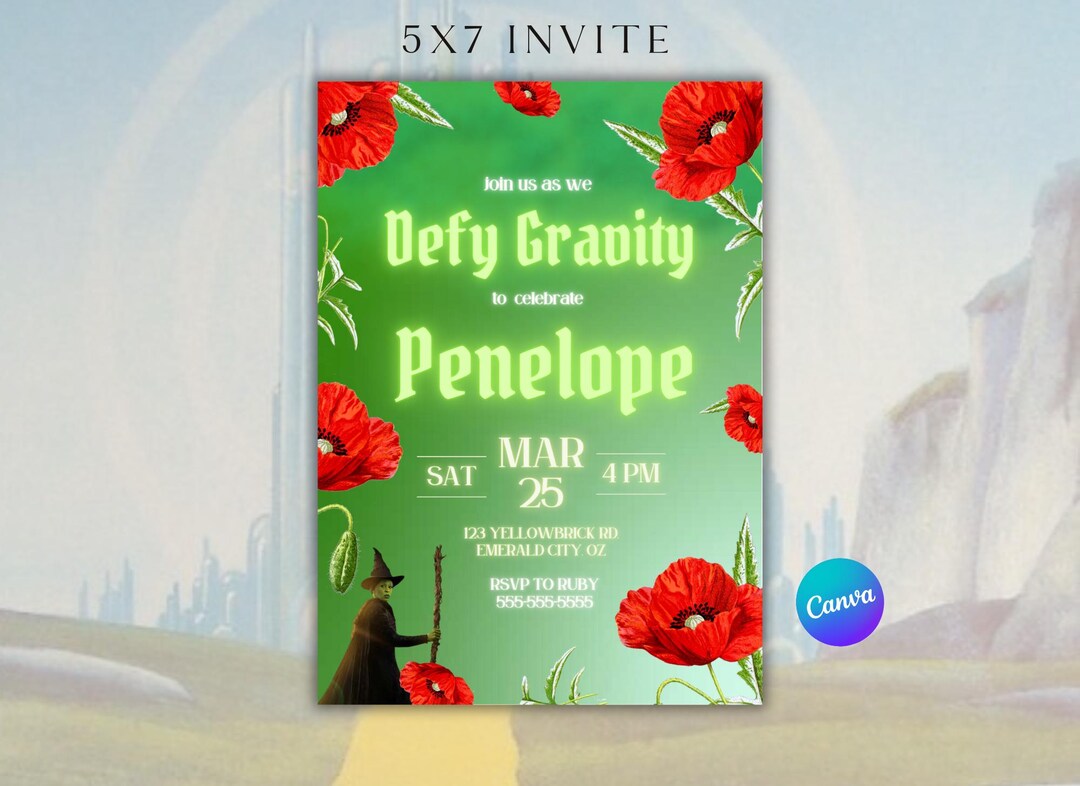 Wicked Birthday Party Invite: Defy Gravity, Canva Template (digital ...
