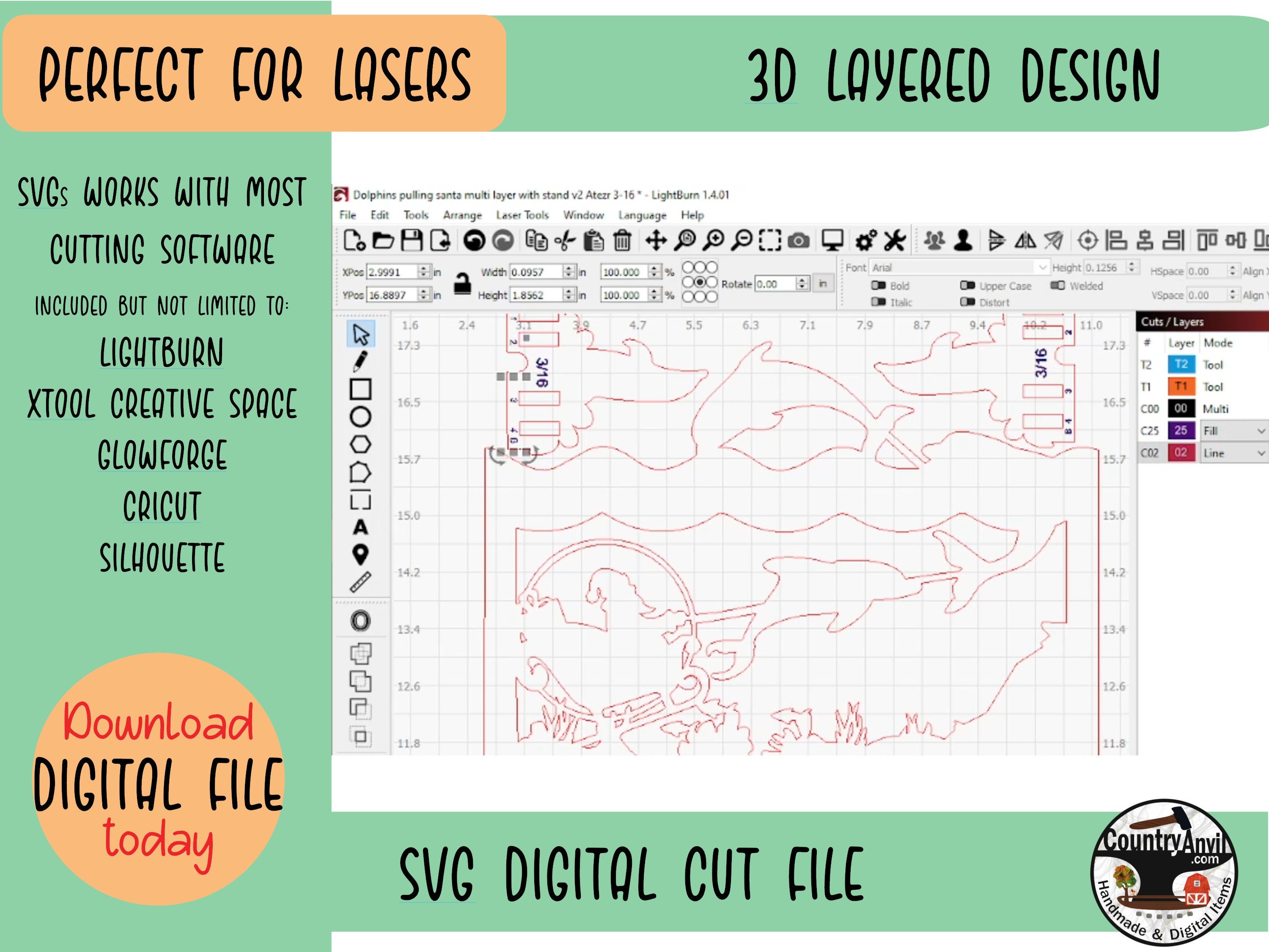 3D Layered SVG Cut File Design of Dolphins Pulling Santa's Sleigh in an ...