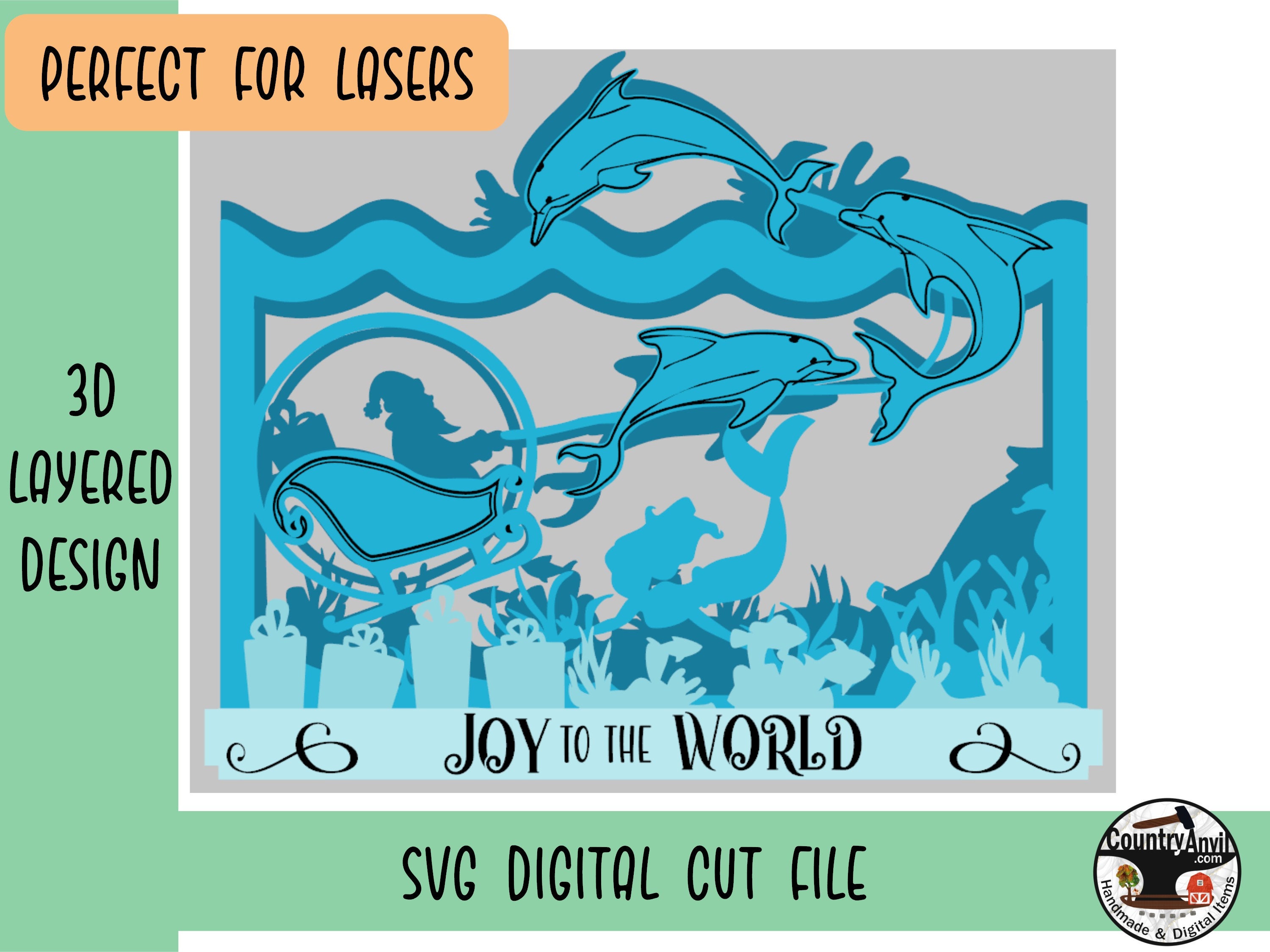 3D Layered SVG Cut File Design of Dolphins Pulling Santa's Sleigh in an ...