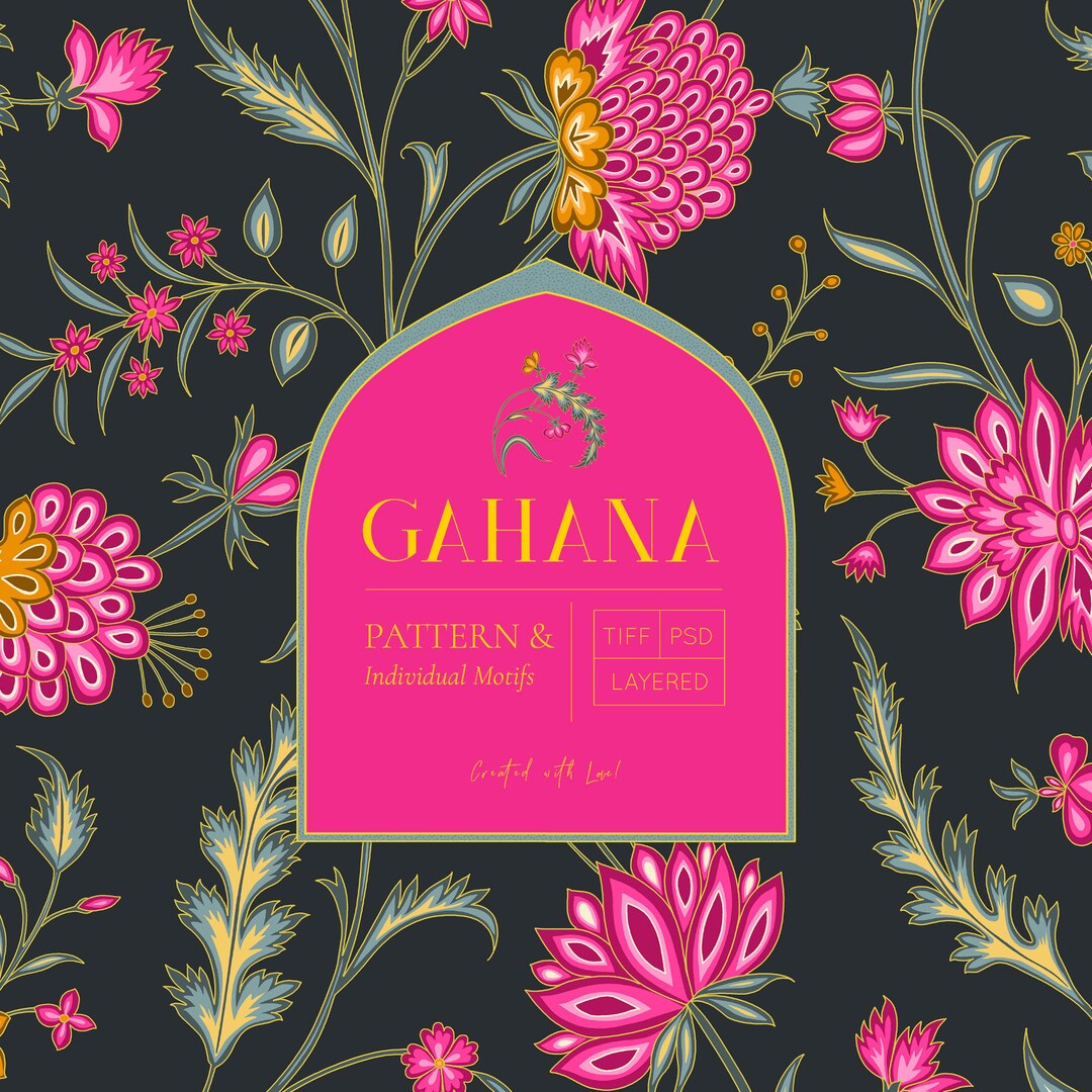 Gahana, Indian Floral Inspired Crewel Embroidery Look Surface Pattern ...