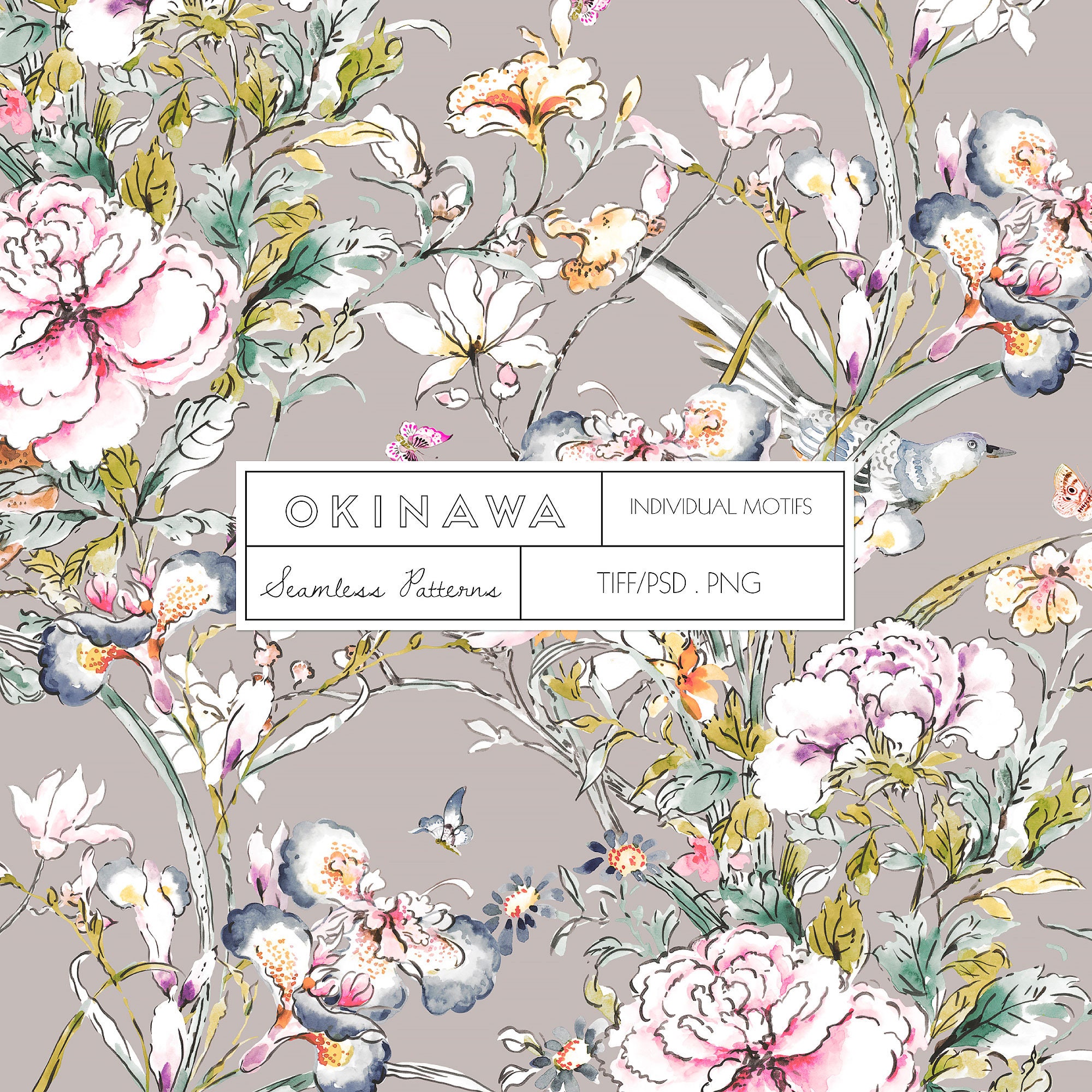 Okinawa Floral Pattern: Watercolor Chinoiserie Print (digital Download ...