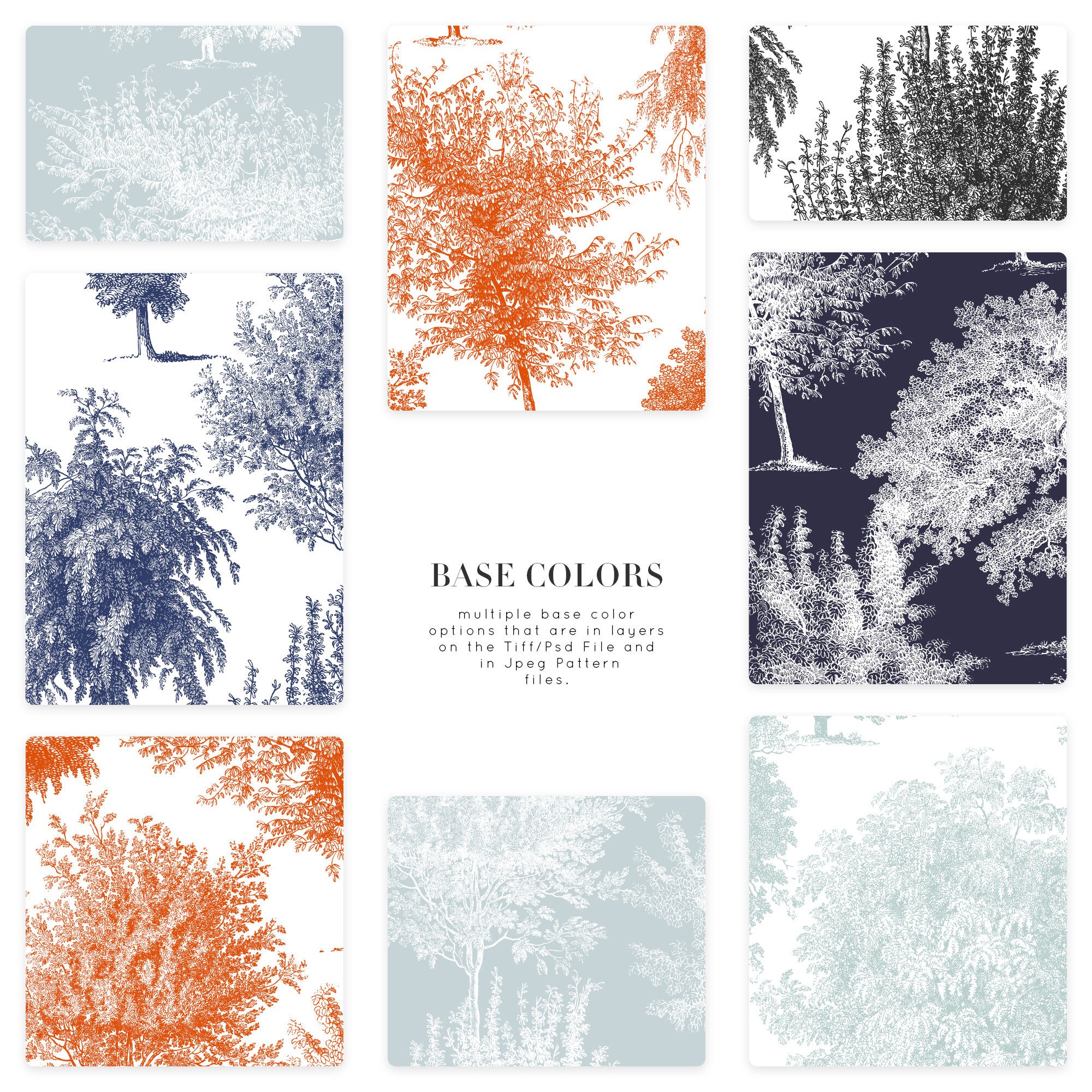 Woodland, Exquisite Toile De Jouy Print of Tree Elements in Seamless ...