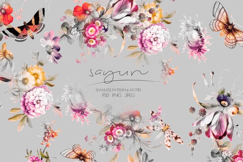 Sayuri, Floral Butterfly Pattern: Seamless Fabric & Wallpaper Design ...
