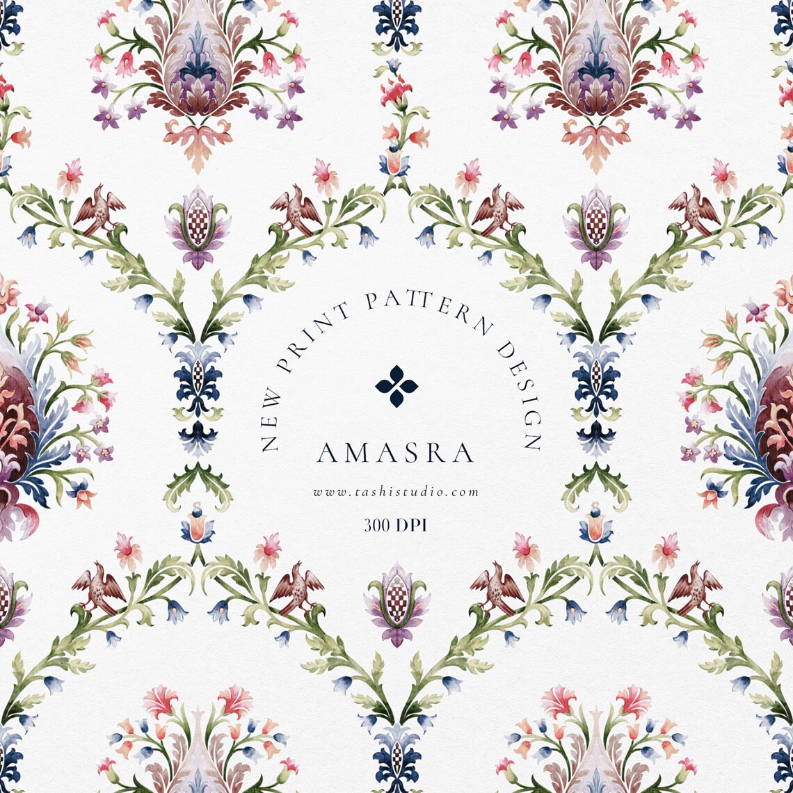 Indian Jali Floral Pattern: Watercolor Damask Print (digital Download ...