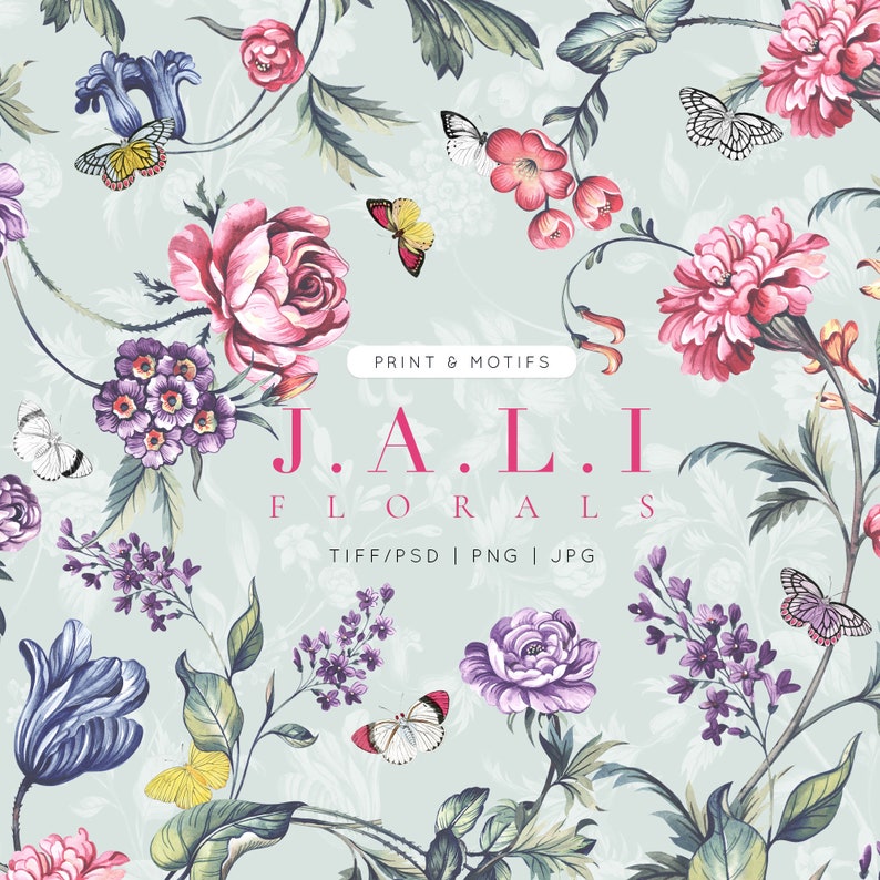Watercolor Indian Floral Print: Seamless Pattern & Motifs (digital ...