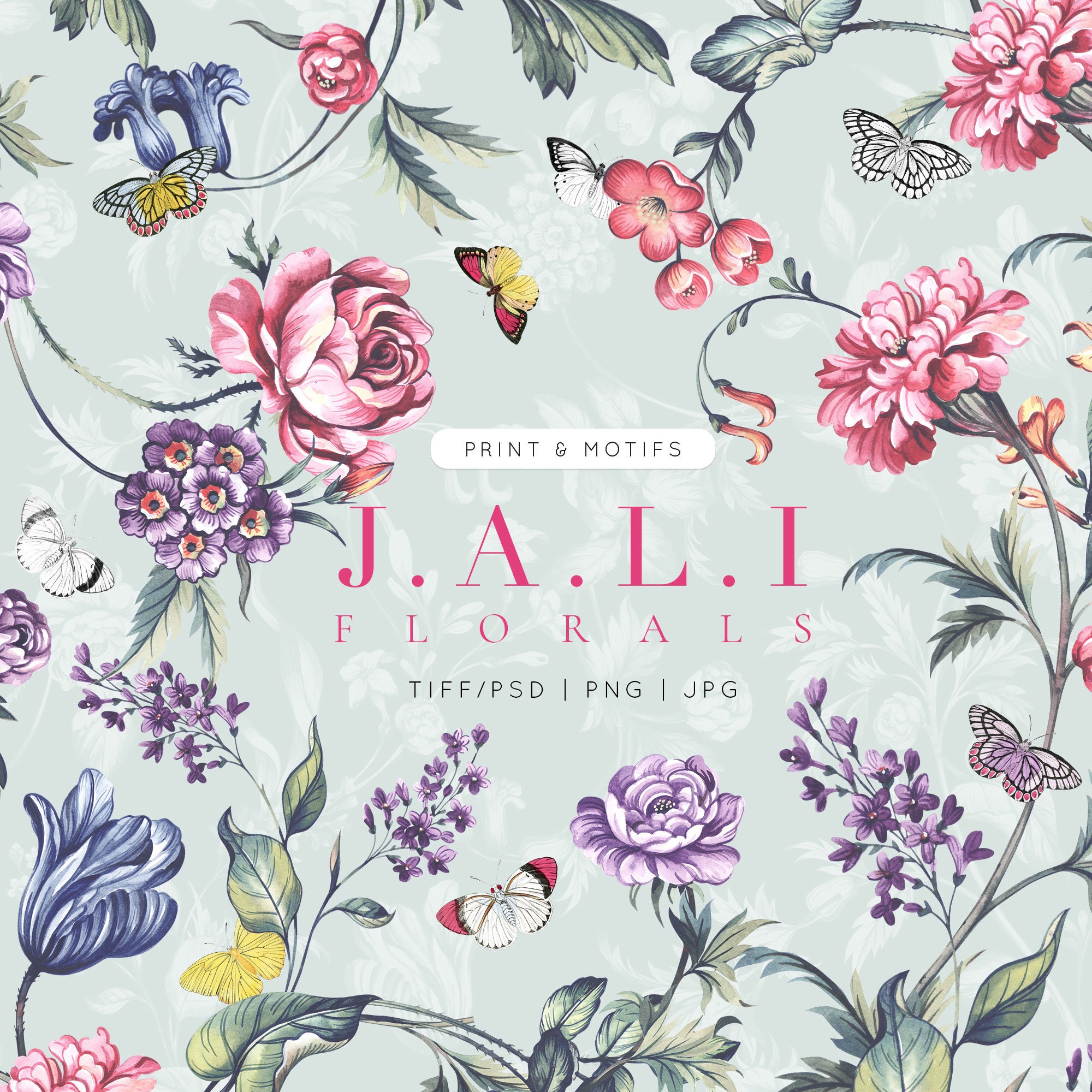 Hand Painted Watercolour Indian Floral Trail Surface Print Design in Seamless Repeats and ...