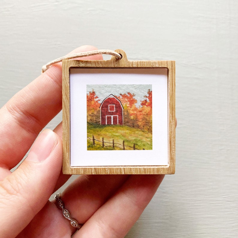 Mini 1" Red Barn Autumn Farm Fall Orchard Print Tiny Watercolor Art ...