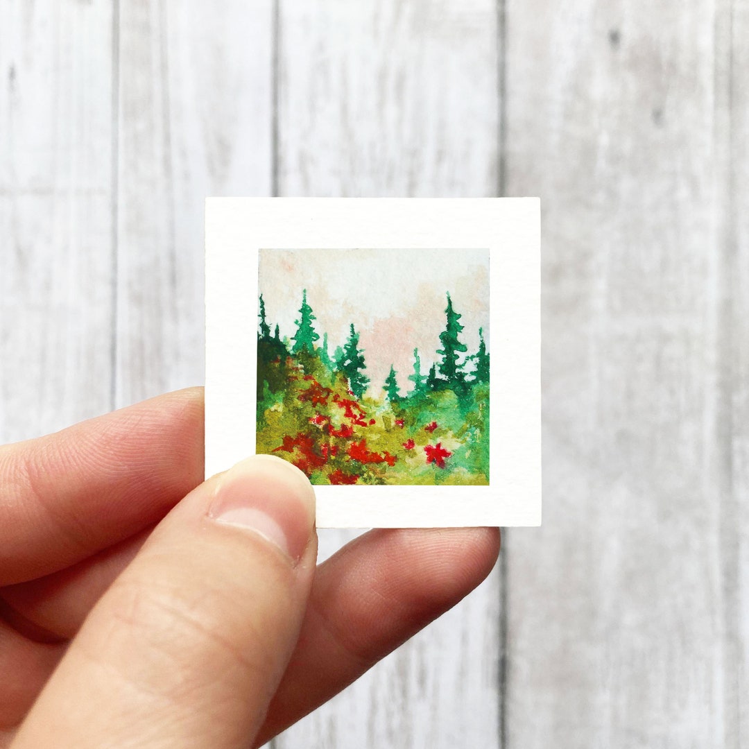 Mini 1" Forest Wildflower Pine Trees Tiny Watercolor Landscape Art ...